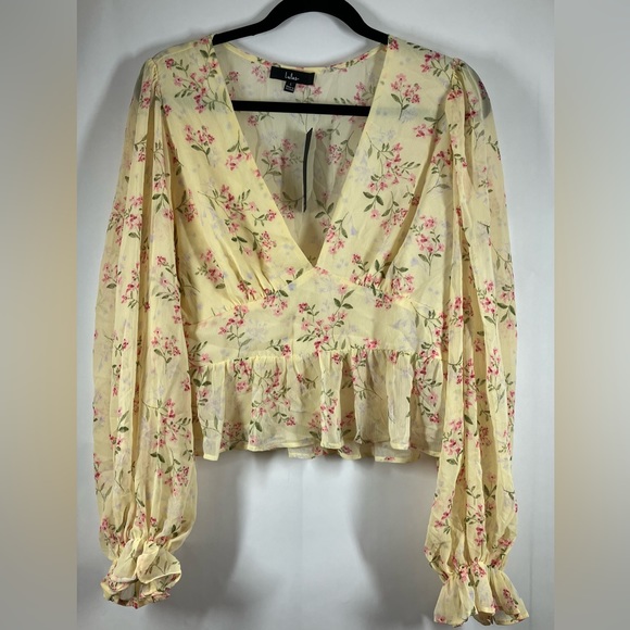 Lulus | Tops | Nwt Lulus Large Long Sleeve Yellow Floral Sheer Vneck ...